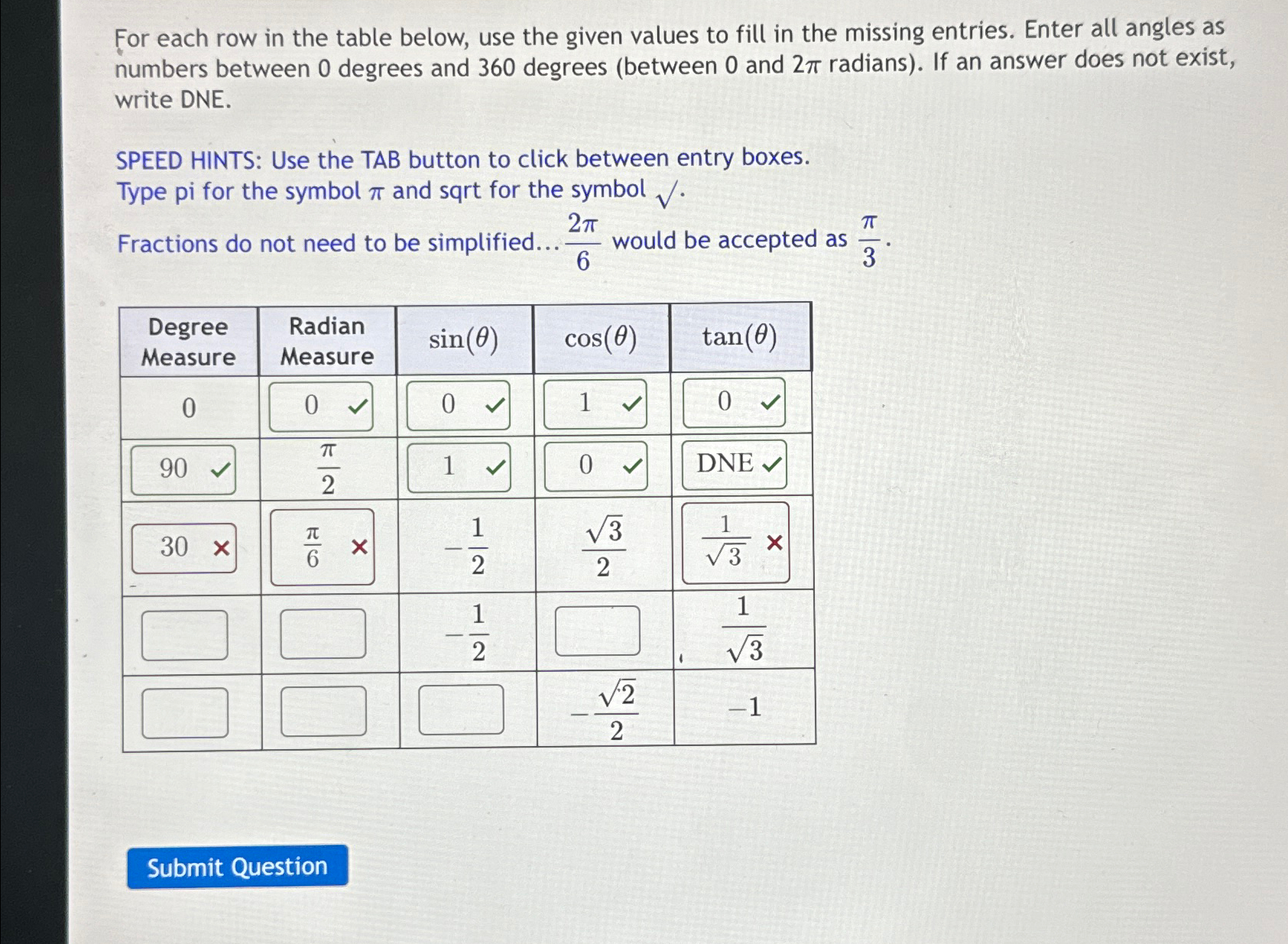 Solved For each row in the table below, use the given values | Chegg.com