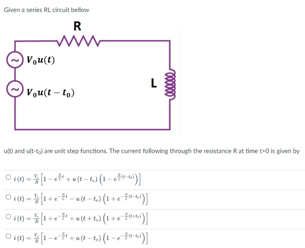 Solved Given a series RL circuit bellowu(t) ﻿and u(t-t0) | Chegg.com