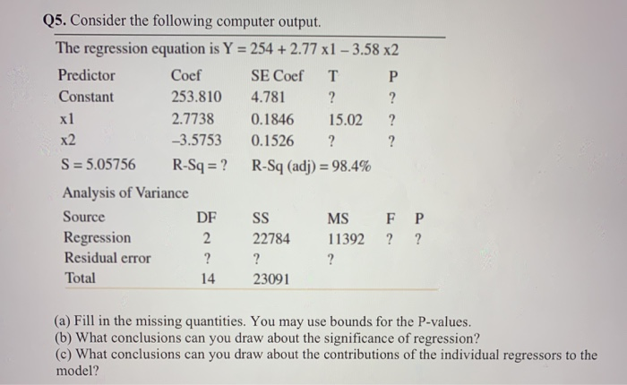 Solved Q5. Consider the following computer output. The | Chegg.com