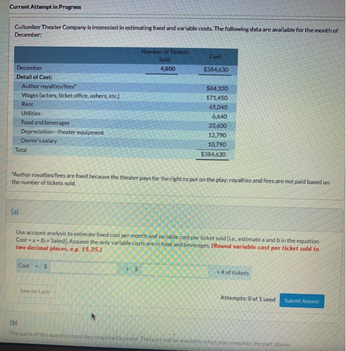 Solved Current Attempt in Progress Cullumber Theater Company | Chegg.com
