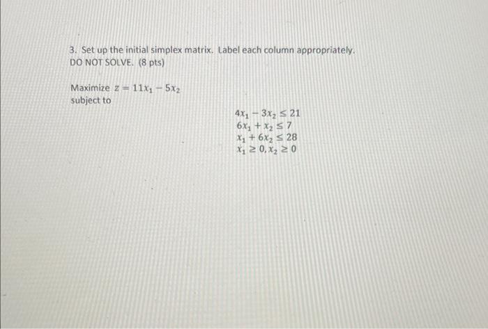 Solved 3. Set up the initial simplex matrix. Label each | Chegg.com