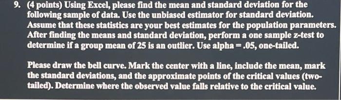 Solved 9. (4 points) Using Dxcel, please find the mean and | Chegg.com