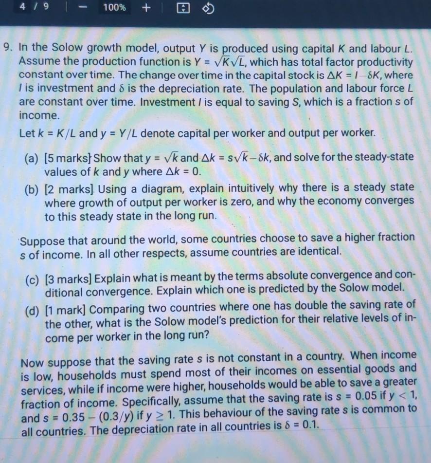 Solved 4 19 100% + 9. In the Solow growth model, output Y is | Chegg.com
