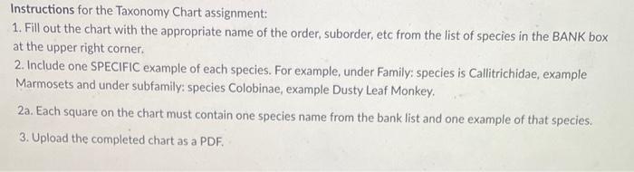 Instructions for the Taxonomy Chart assignment: 1. | Chegg.com