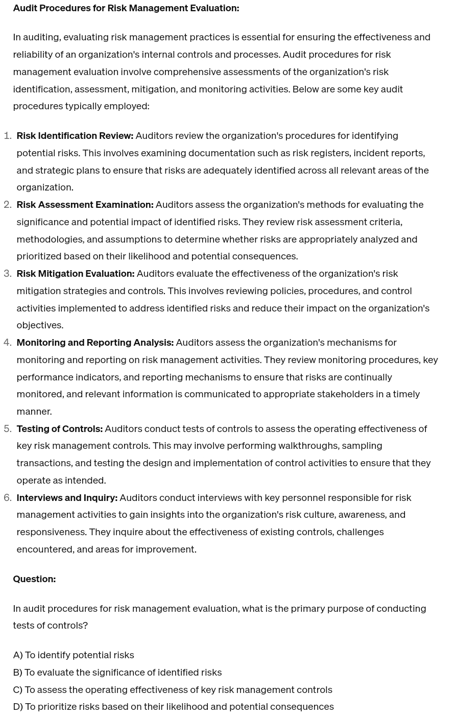 Solved Audit Procedures for Risk Management Evaluation:In | Chegg.com