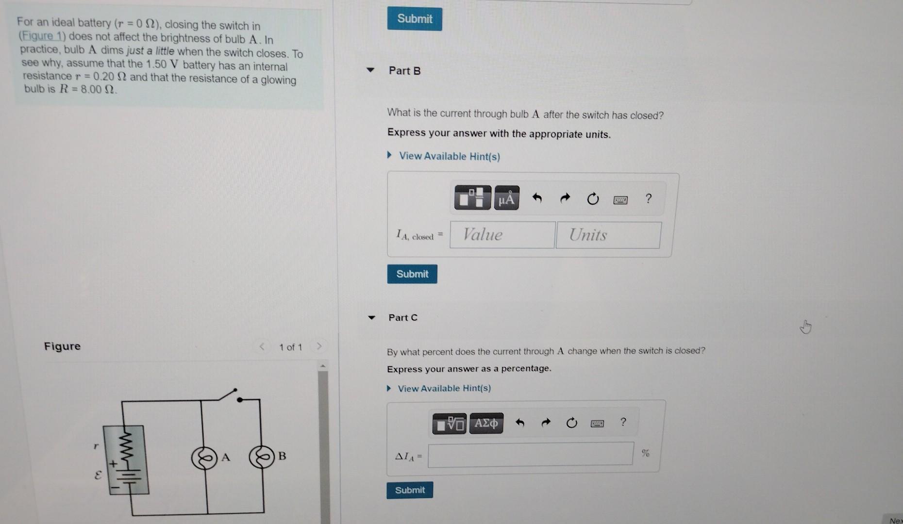 Solved For an ideal battery (r=0Ω), closing the switch in | Chegg.com