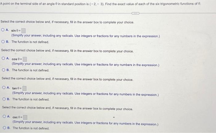 Solved A point on the terminal side of an angle θ in | Chegg.com