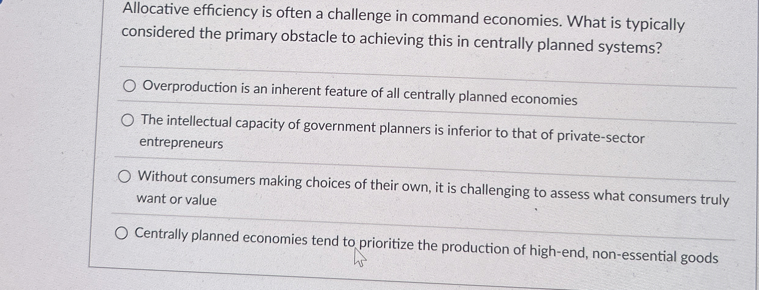 Solved Allocative efficiency is often a challenge in command | Chegg.com