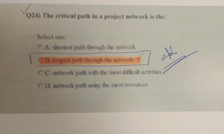 Solved Q24) ﻿The critical path in a project network is | Chegg.com