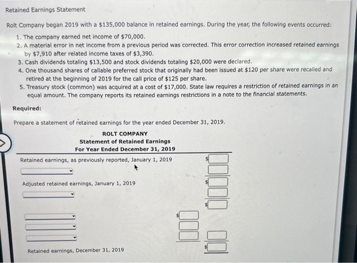 Solved Retained Earnings Statement Rolt Company began 2019 | Chegg.com