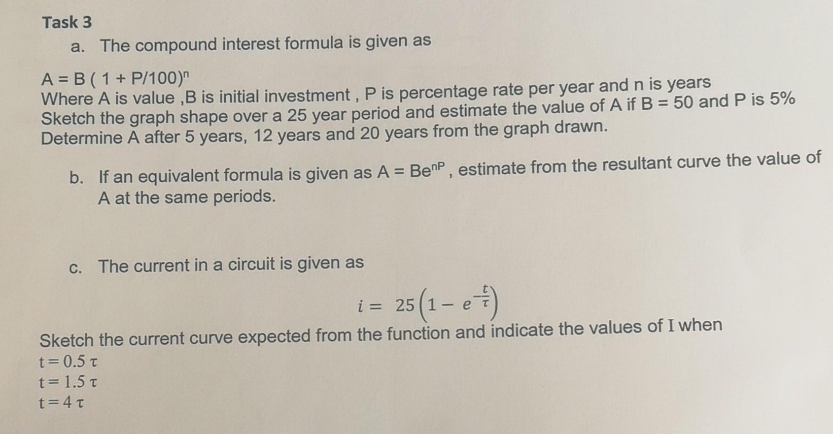 Solved Task 3 a. The compound interest formula is given as A | Chegg.com
