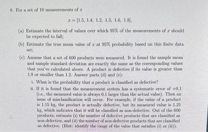 Solved 8. For a set of 10 measurements of x | Chegg.com