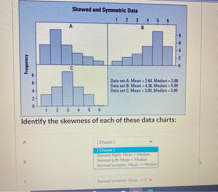 Solved Skewed and Symmetric Data 1 2 3 A B 5 8 6 4 2 | Chegg.com