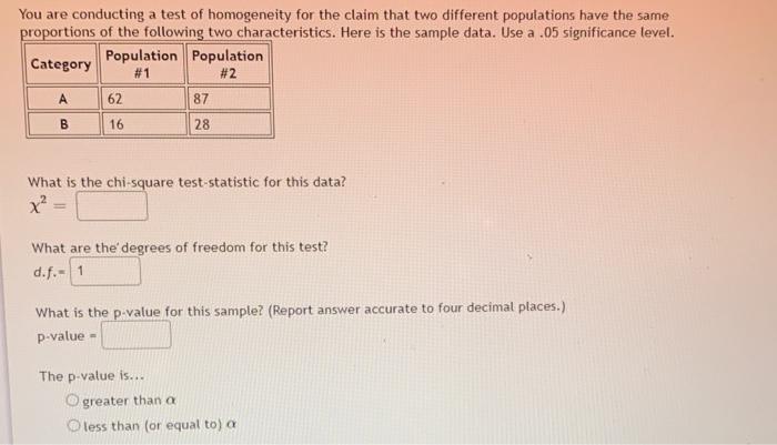 [Solved]: You are conducting a test of homogeneity for the