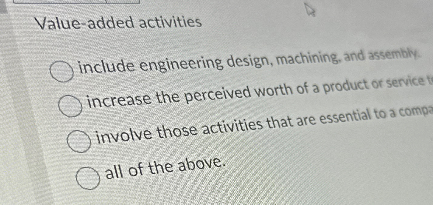 Solved Value-added activitiesinclude engineering design, | Chegg.com
