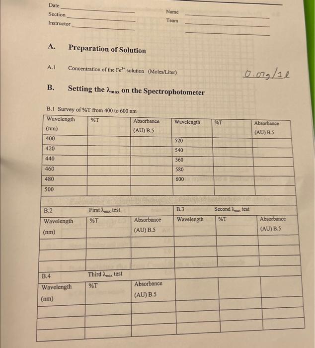 Date Section Name Instructor Team A. Preparation of | Chegg.com