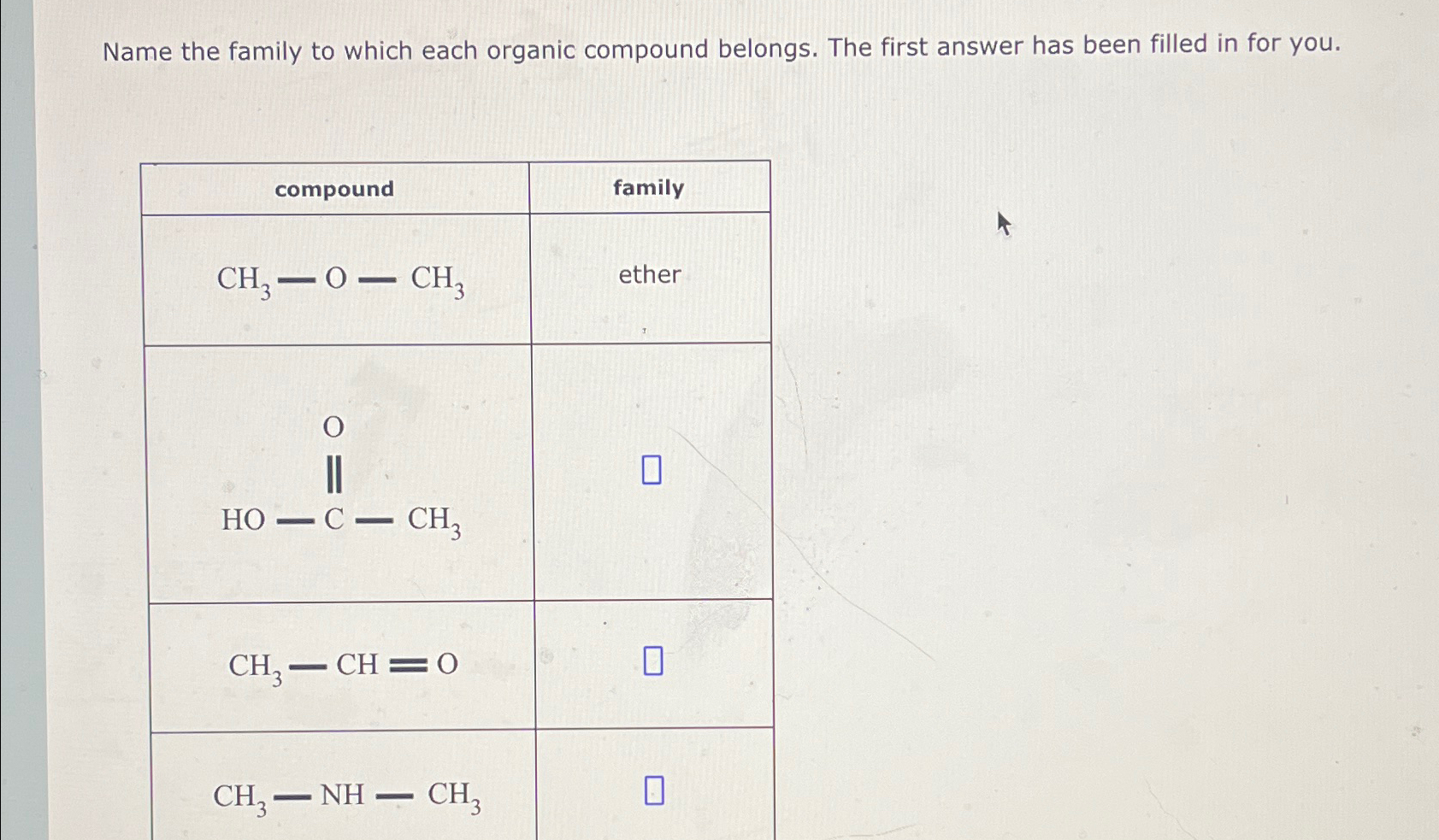 Solved Name the family to which each organic compound | Chegg.com
