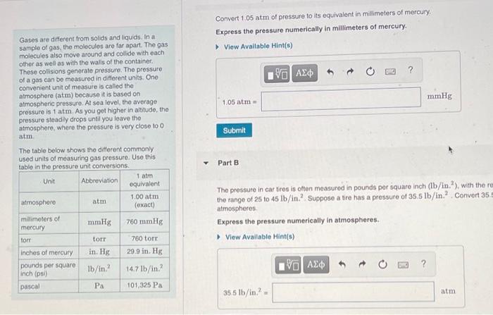 Solved Convert 105 atm of pressure to its equivalent in | Chegg.com