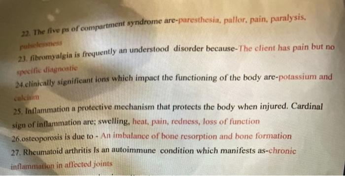 Solved 22. The five ps of compartment syndrome | Chegg.com