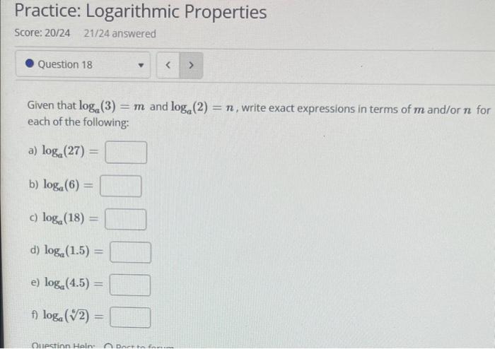 Solved Given that loga(3)=m and loga(2)=n, write exact | Chegg.com