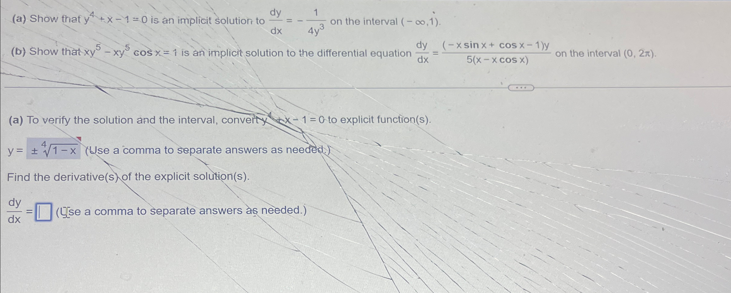 Solved (a) ﻿Show that y4+x-1=0 ﻿is an implicit solution to | Chegg.com