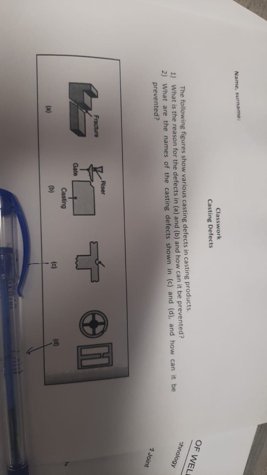 Solved Name, surname:ClassworkCasting DefectsThe following | Chegg.com