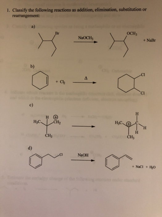 Solved 1. Classify the following reactions as addition, | Chegg.com