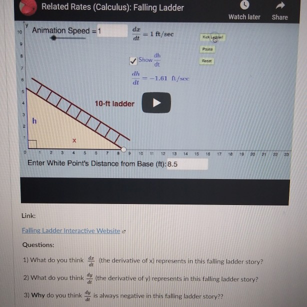 Solved The falling ladder 1)What do you think dx/dt ( the | Chegg.com