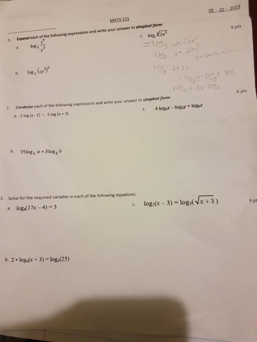 Solved 09-20-2019 MATH 151 Expend each of the following | Chegg.com