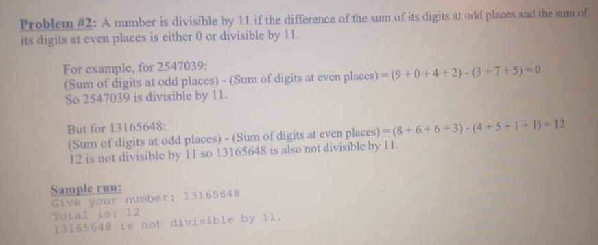 Solved Problem #2: A number is divisible by 11 if the | Chegg.com
