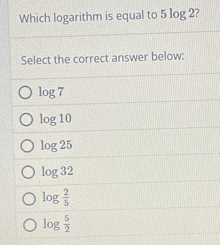 Solved Which logarithm is equal to 5log2?Select the correct | Chegg.com