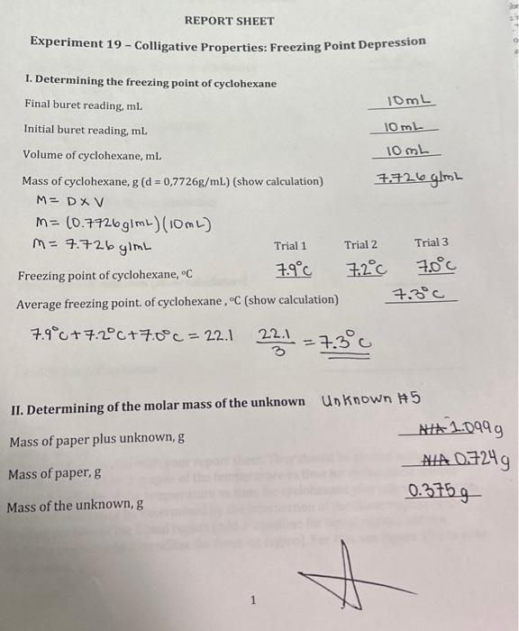 Solved Experiment 19 - Colligative Properties: Freezing | Chegg.com