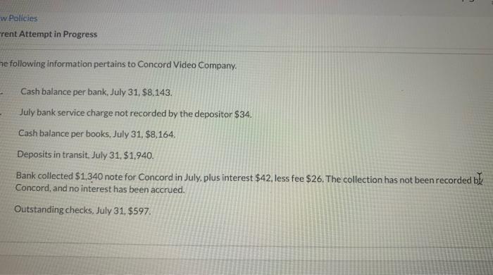 Solved w Policies rent Attempt in Progress he following | Chegg.com