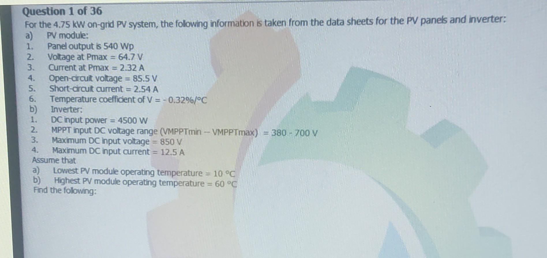 Solved Question 1 of 36 For the 4.75 kW on-grid PV system, | Chegg.com