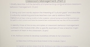 Solved Classroom Management (Part 1)1 ﻿Erietly describe 3 | Chegg.com