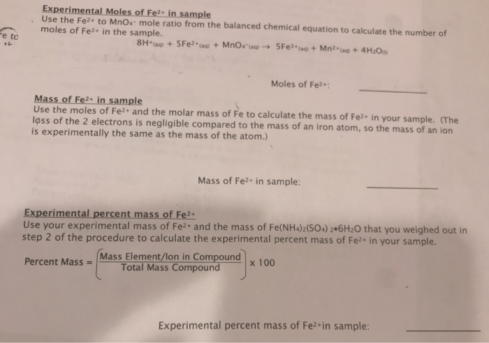 Solved Experimental Moles of Fe2+ in sample Use the Fe2+ to | Chegg.com
