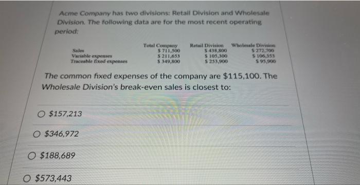 Acme Company has two divisions: Retail Division and | Chegg.com