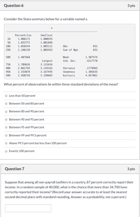 Solved Question 6 3 pts Consider the Stata summary below for | Chegg.com