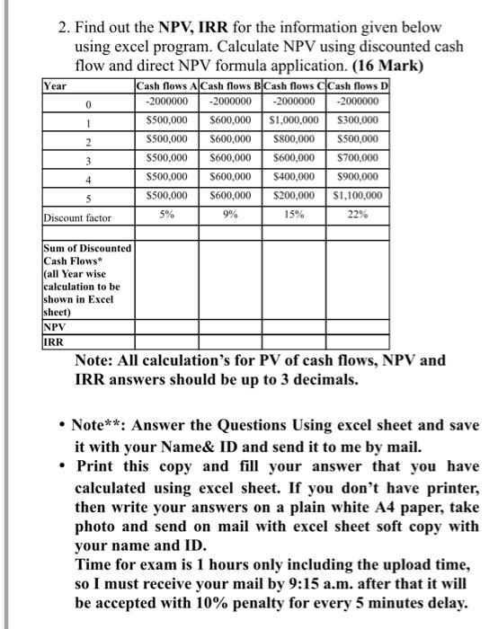 Solved 2. Find out the NPV, IRR for the information given | Chegg.com