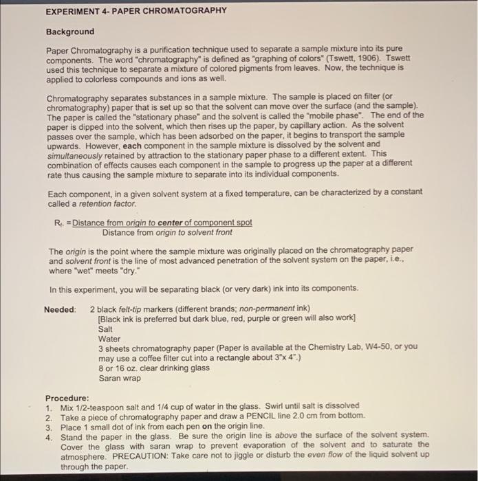 Solved EXPERIMENT 4-PAPER CHROMATOGRAPHY Background Paper | Chegg.com