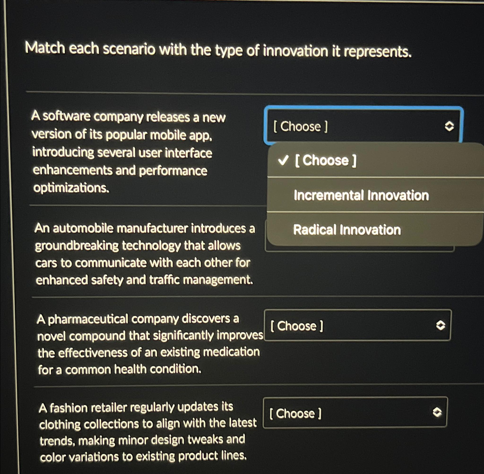 Solved Match each scenario with the type of innovation it | Chegg.com