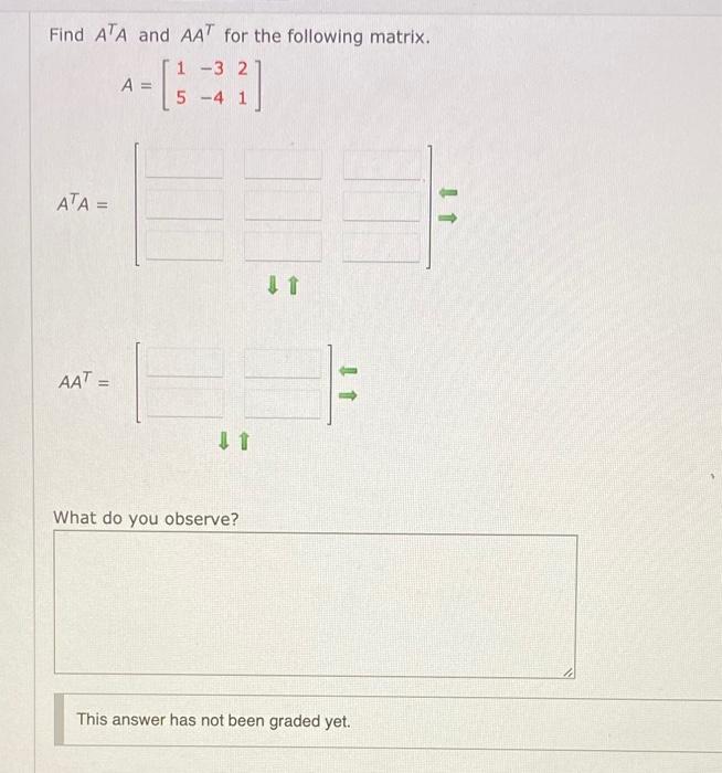 Solved Find ATA and AAT for the following matrix. 1-3 2 A = | Chegg.com