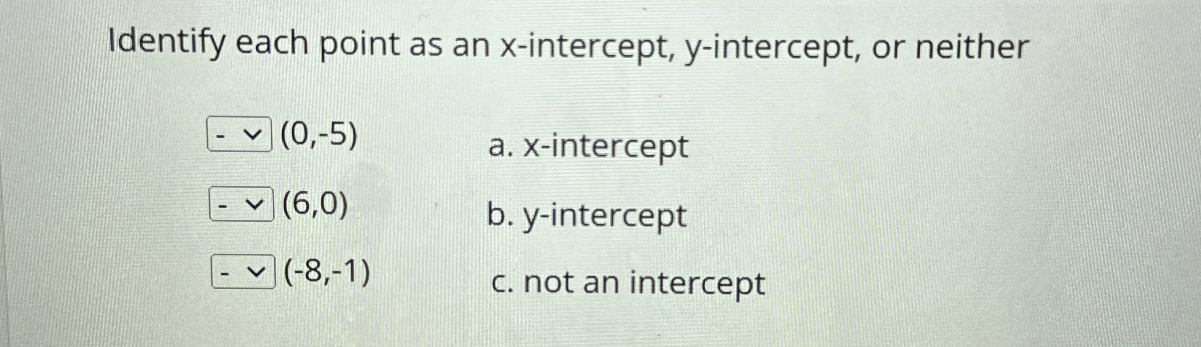 Solved Identify each point as an x-intercept, y-intercept, | Chegg.com