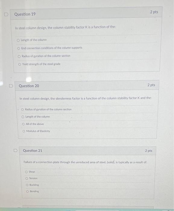 Solved Question 19 In steel column design, the column | Chegg.com