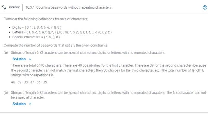 Solved EXERCISE 10.3.1: Counting passwords without repeating | Chegg.com