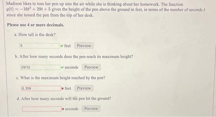 Solved Madison likes to toss her pen up into the air while | Chegg.com