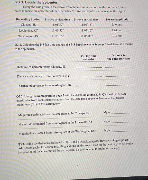 Part 3. Locate the Epicenter Using the data given in | Chegg.com