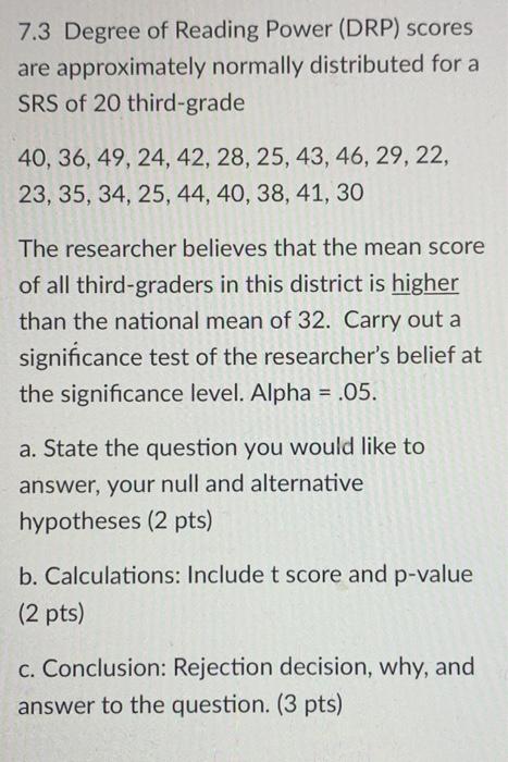 Solved 7.3 Degree of Reading Power (DRP) scores are | Chegg.com