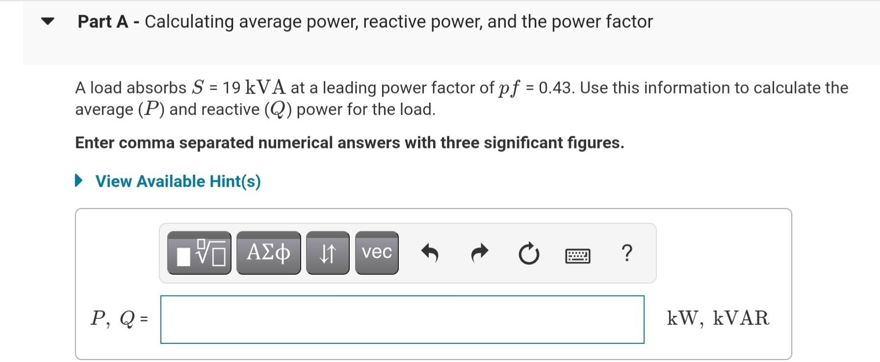 Solved Part A - Calculating average power, reactive power, | Chegg.com