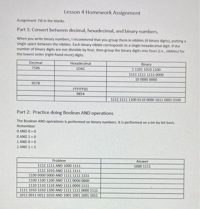 Solved Assignment: Fill in the blanks. Part 1: Convert | Chegg.com
